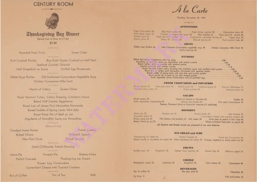Commodore Hotel, Grand Central New York 1945 – Vintage Menu Art
