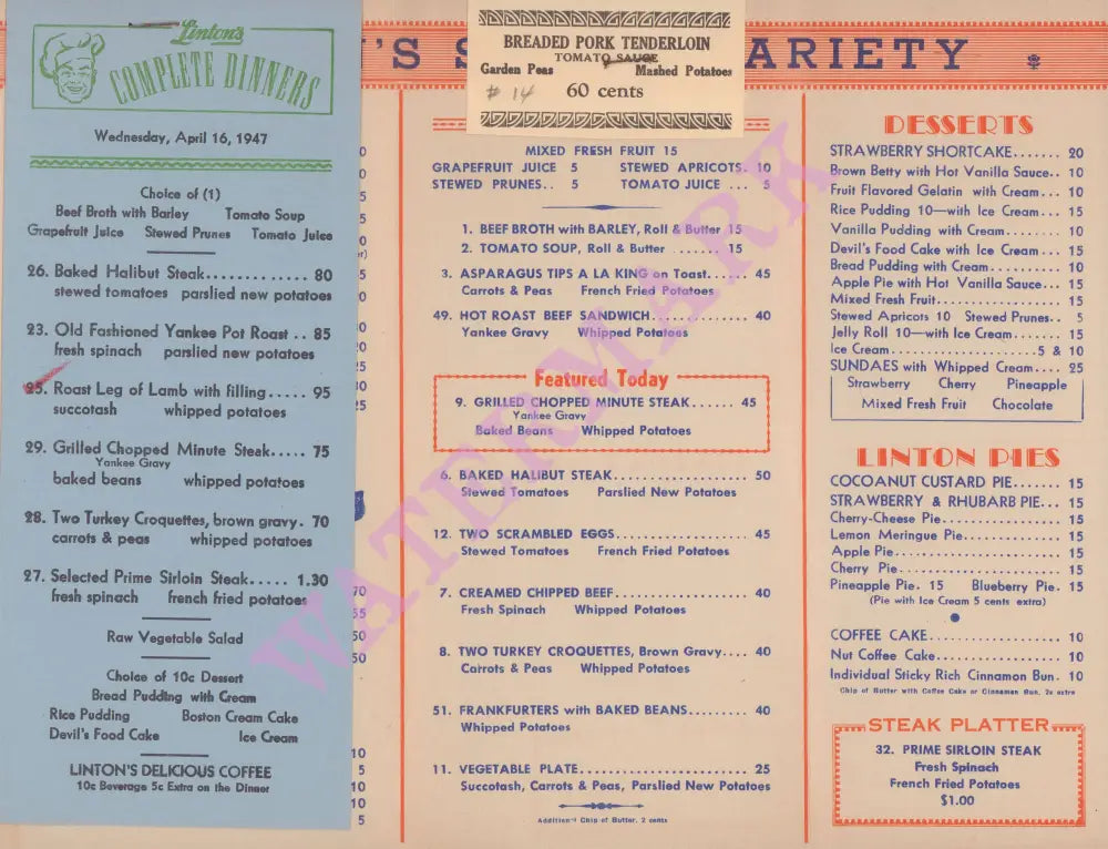 "Delicious Coffee", Linton's Philadelphia 1947 – Vintage Menu Art