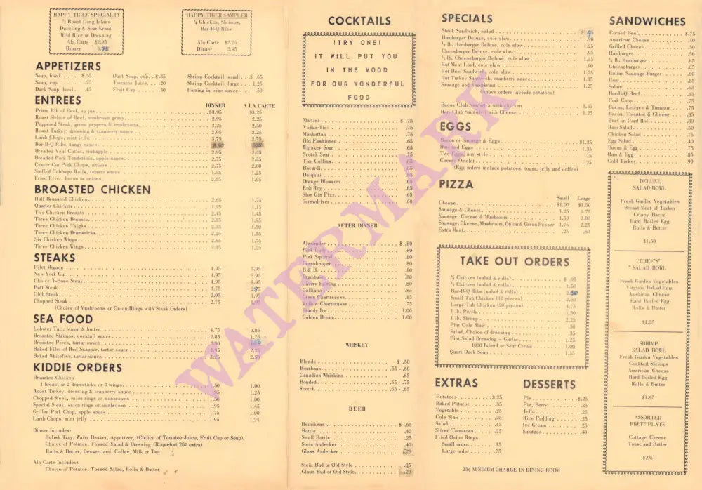 Happy Tiger, Norridge, Illinois 1960s – Vintage Menu Art