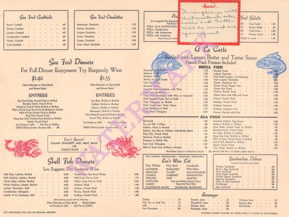 Lou's Fish Grotto, Monterey 1940s – Vintage Menu Art