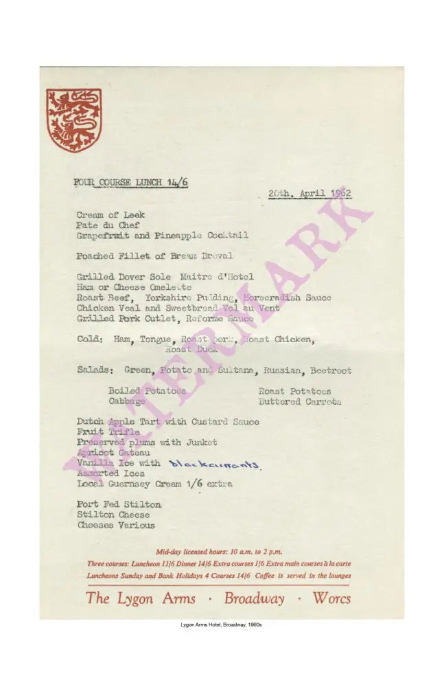 Lygon Arms, Broadway, England 1962 Menu Art – Vintage Menu Art