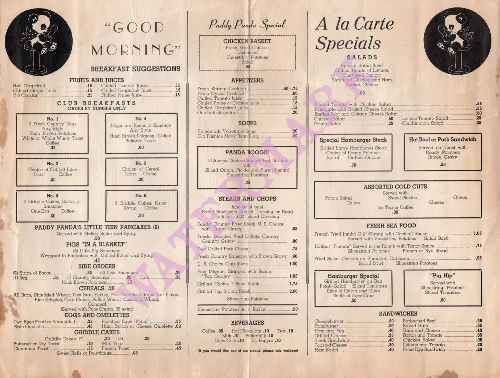 Panda Grill, Bartlesville OK 1948 – Vintage Menu Art