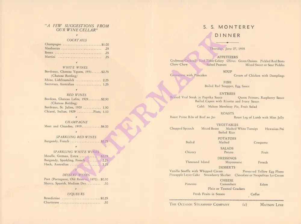 SS Monterey, Matson Lines 1935 – Vintage Menu Art