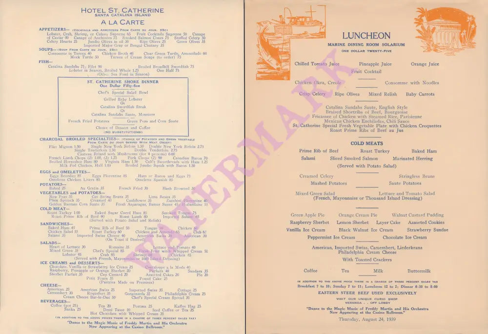 St Catherine's Hotel, Catalina 1939 | Vintage Menu Art