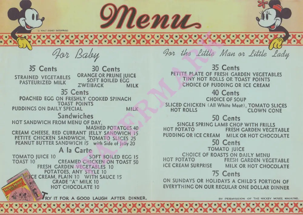 The Gateway Mickey & Minnie Mouse Menu For Children 1930s – Vintage ...