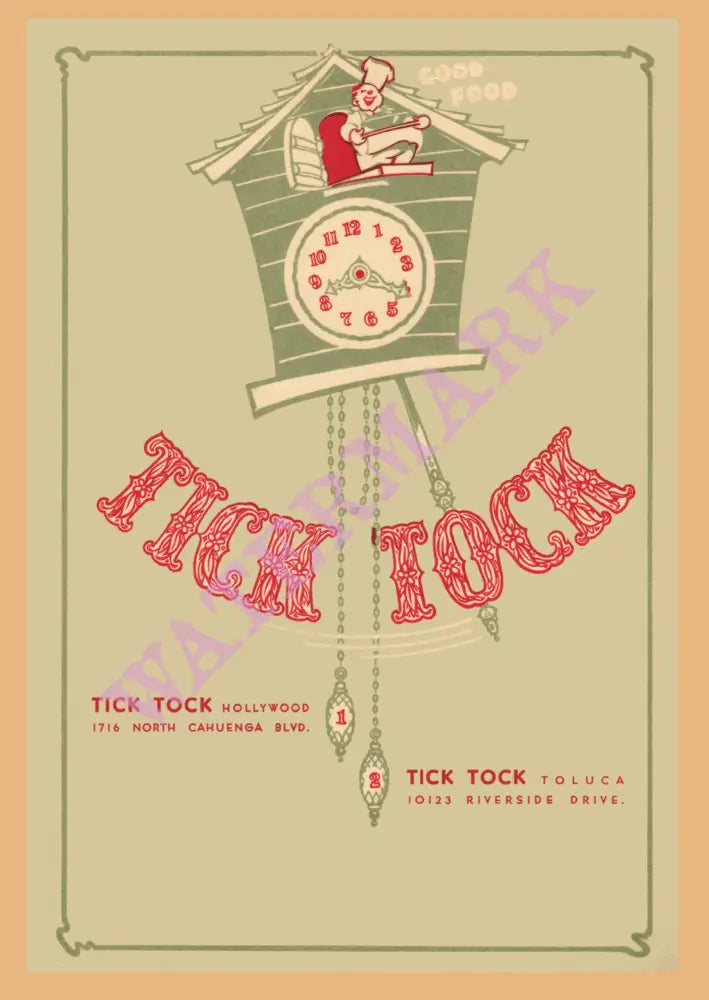 Tick Tock, Los Angeles 1955 Menu Art – Vintage Menu Art