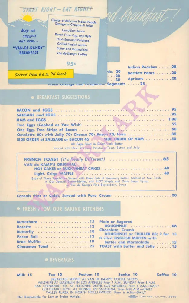 Van de Kamp Coffee Shop Breakfast Menu, California 1950s – Vintage Menu Art